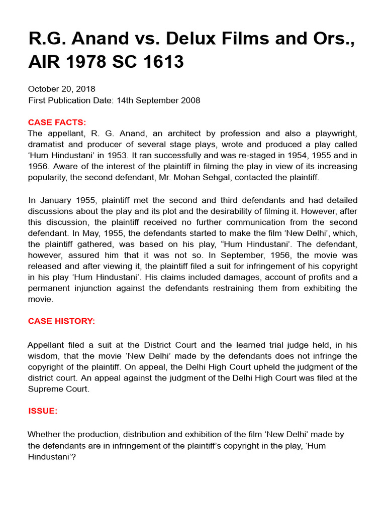RG Anand v. Delux Films | PDF
