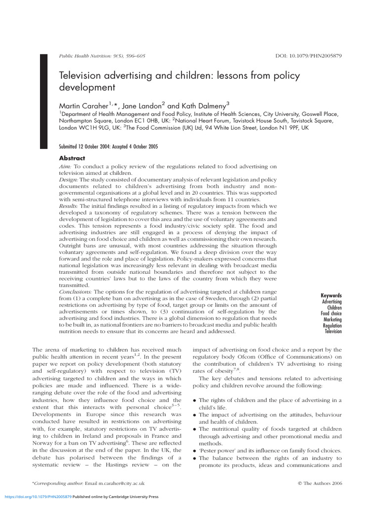 Television Advertising and Children Lessons From Policy Development | PDF