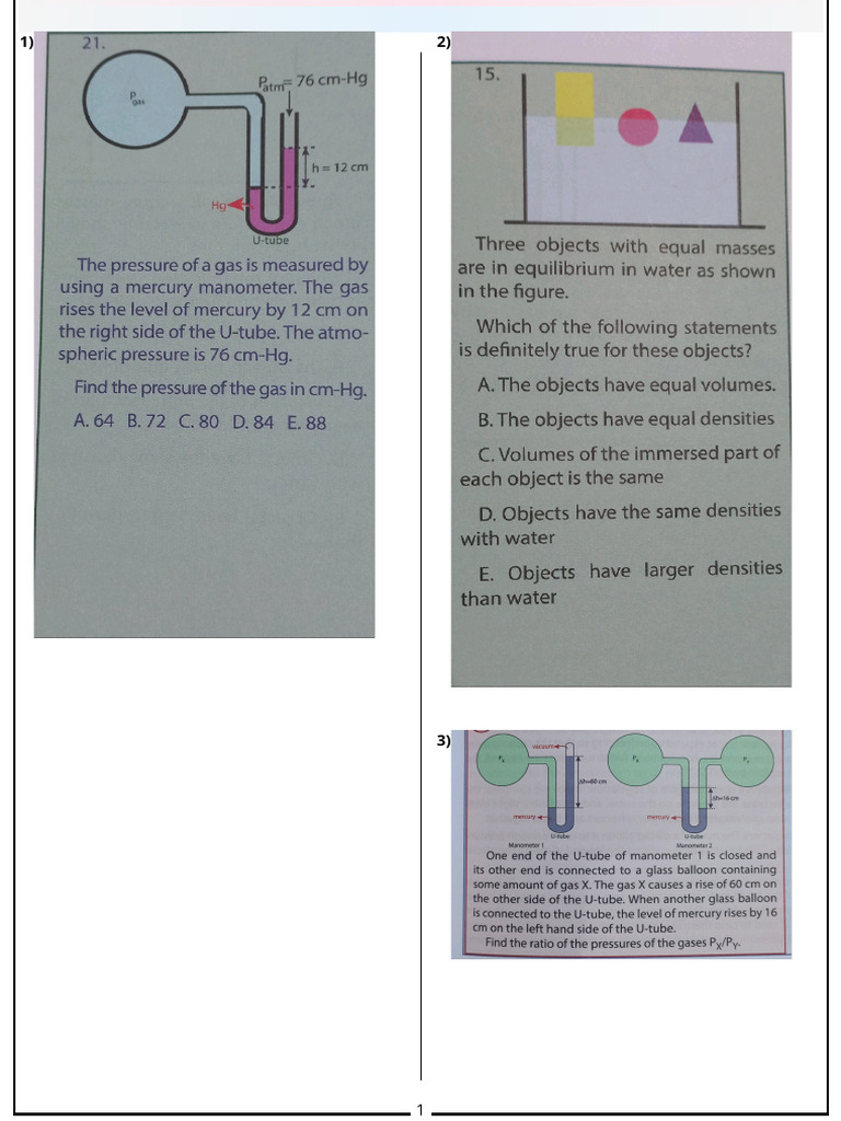 Gas Pressure and Buoyancy Force Homework1 | PDF