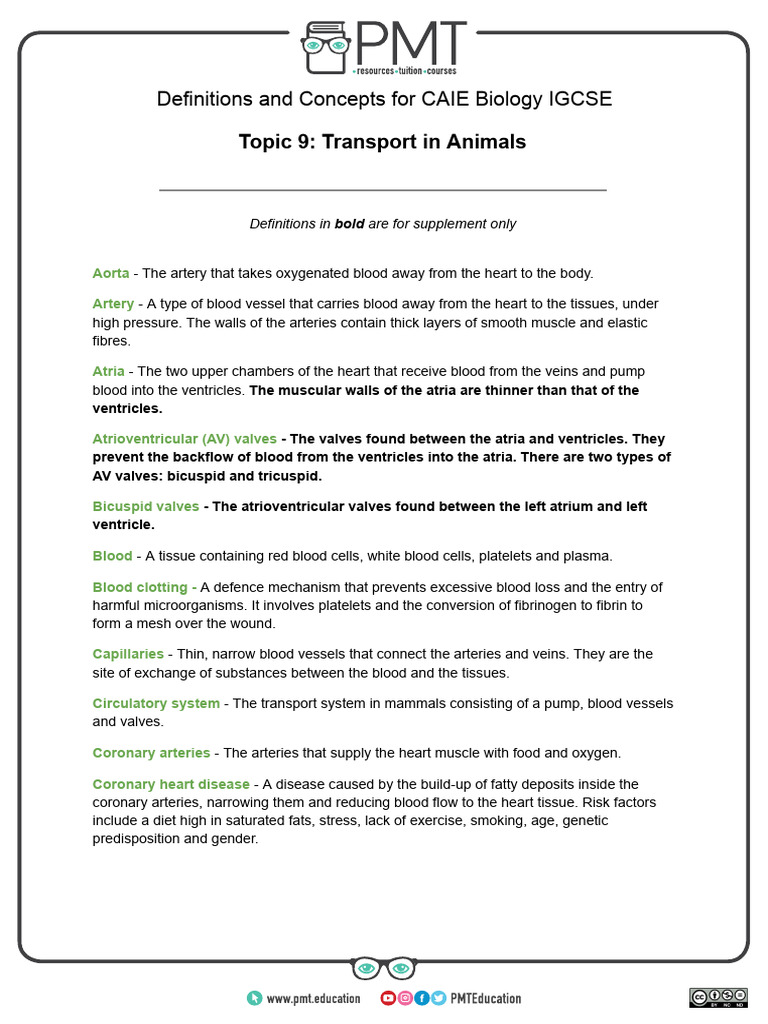 Definitions - Topic 9 Transport in Animals - CAIE Biology IGCSE | PDF