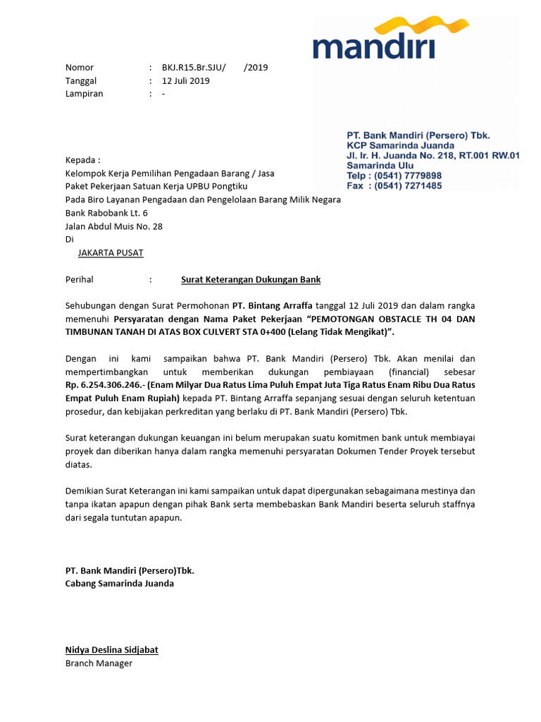 Surat Dukungan Bank Mandiri | PDF