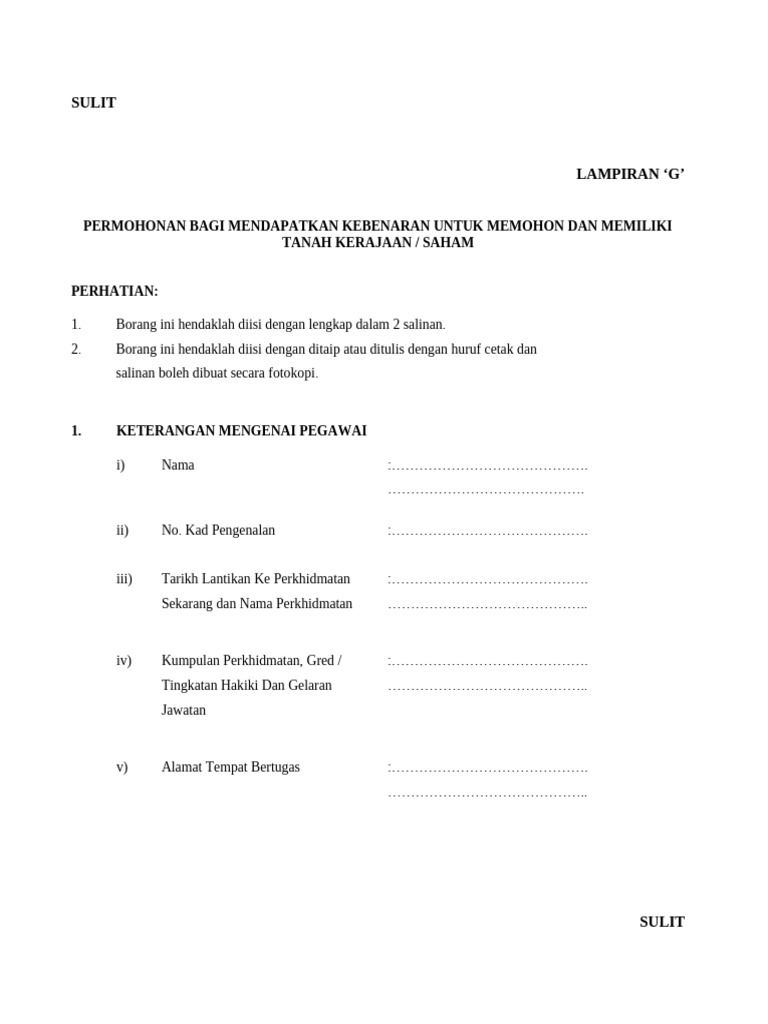 Lampiran G - Borang Permohonan Tanah | PDF