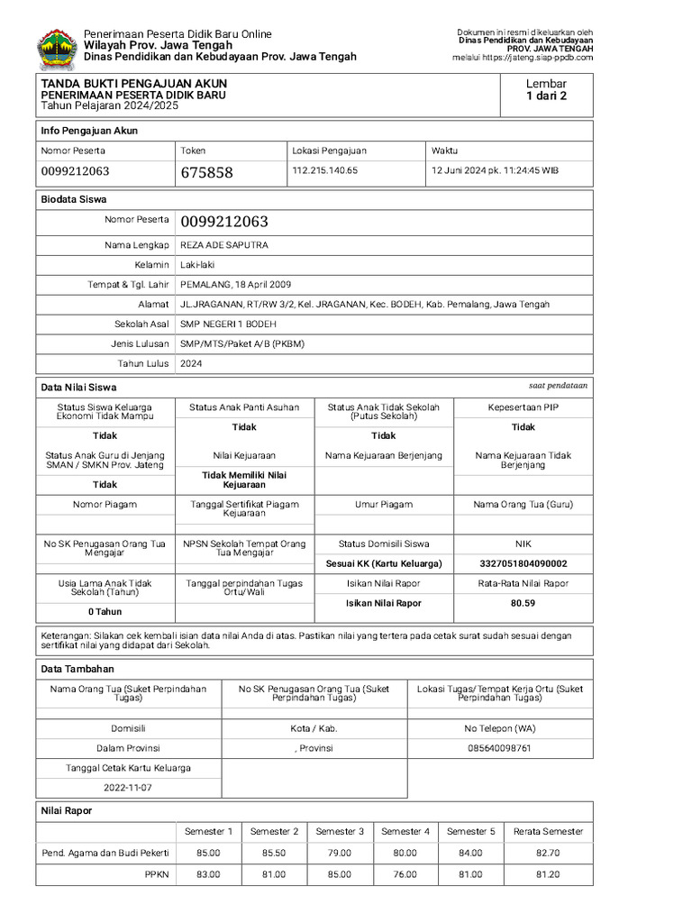 Tanda Bukti Pengajuan Akun - 0099212063 - REZA ADE SAPUTRA | PDF