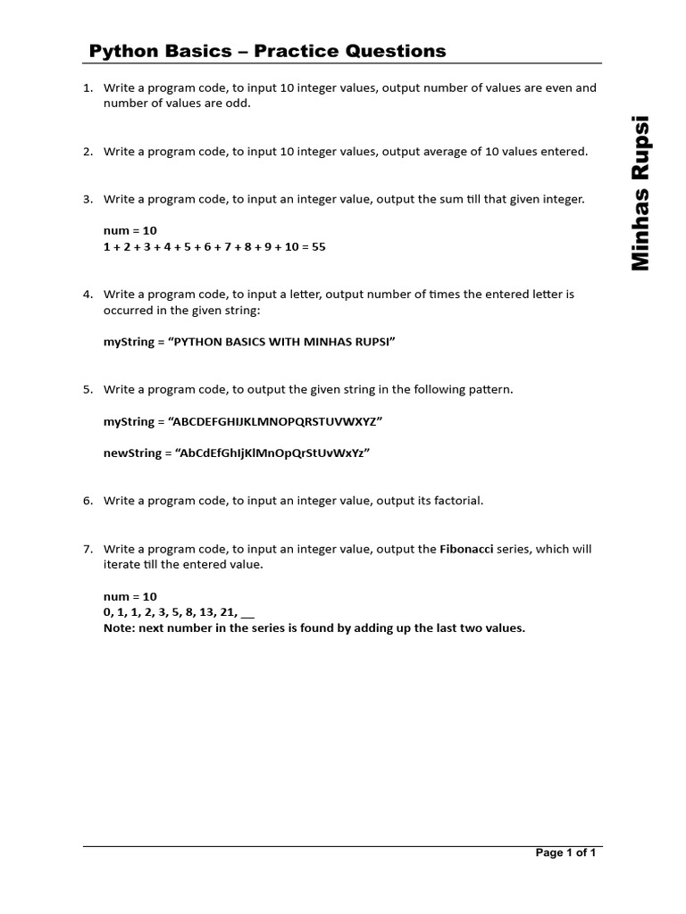 Python Basics - Practice Questions | PDF