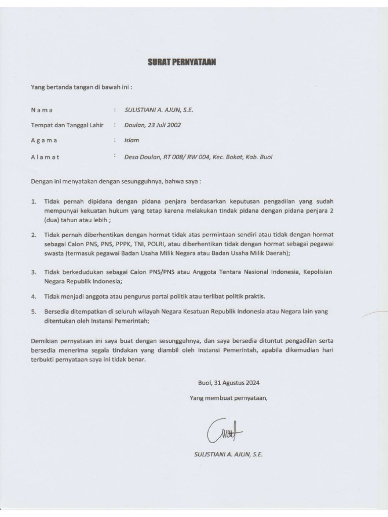 Surat Pernyataan Suli | PDF