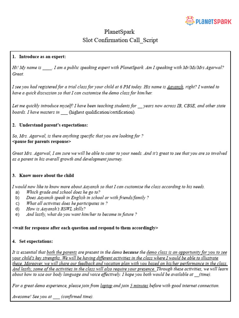 PlanetSpark Slot Confirmation Script | PDF | Language Arts & Discipline
