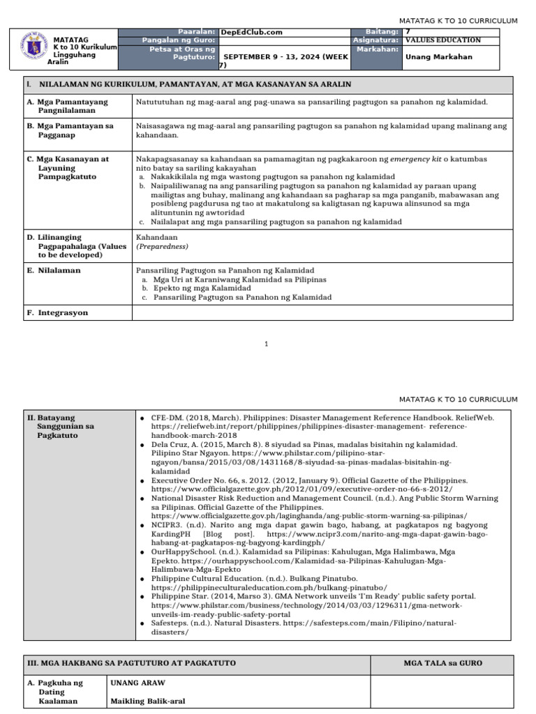 DLL Matatag - Values Education 7 Q1 W7 | PDF