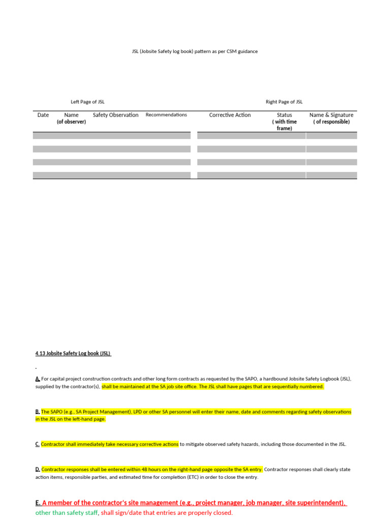 JSL (Jobsite Safety Log Book) Pattern As Per CSM Guidance | PDF