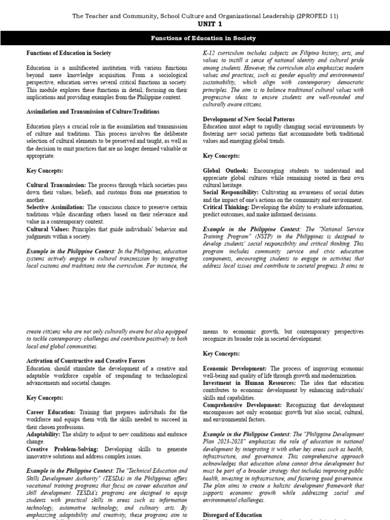 Unit 1.module 4 - Functions of Education in Society | PDF