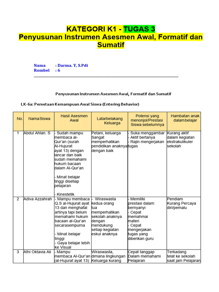 K1 - Tugas 3 - Penyusunan Instrumen Asesmen Awal, Formatif Dan Sumatif ...