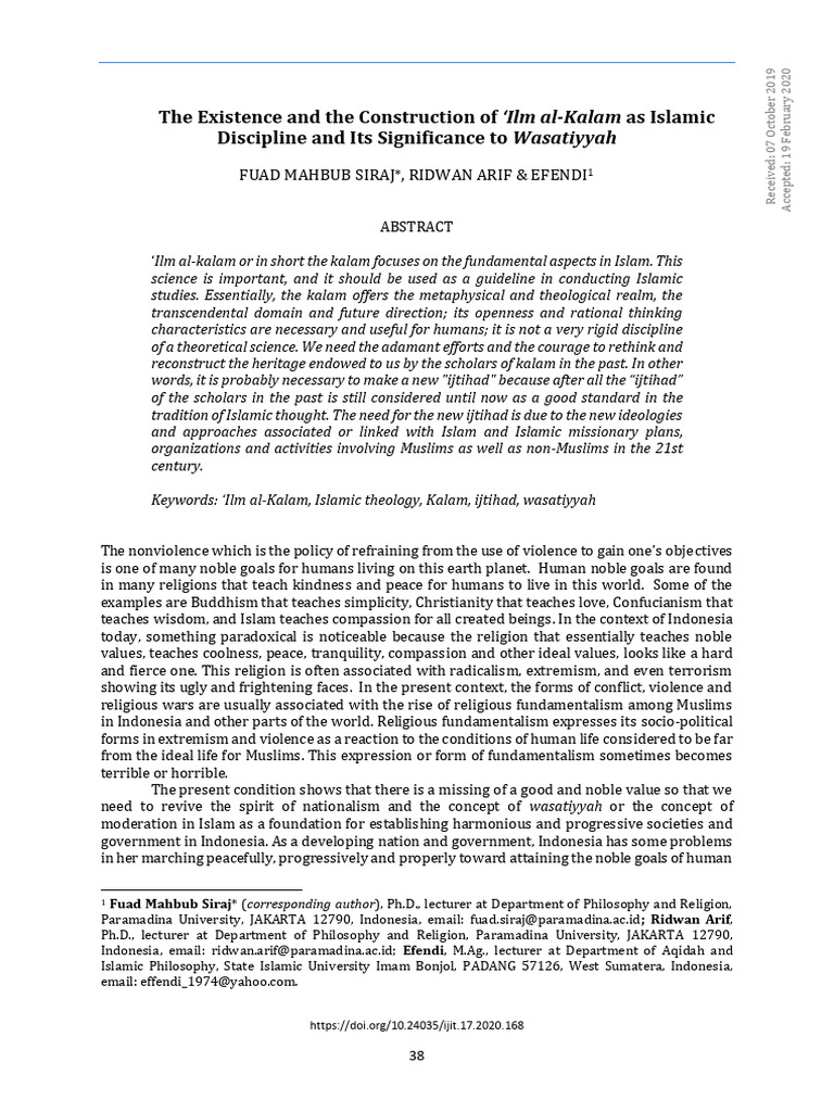 The Existence and The Construction of Ilm Kalam As Islamic Discipline ...