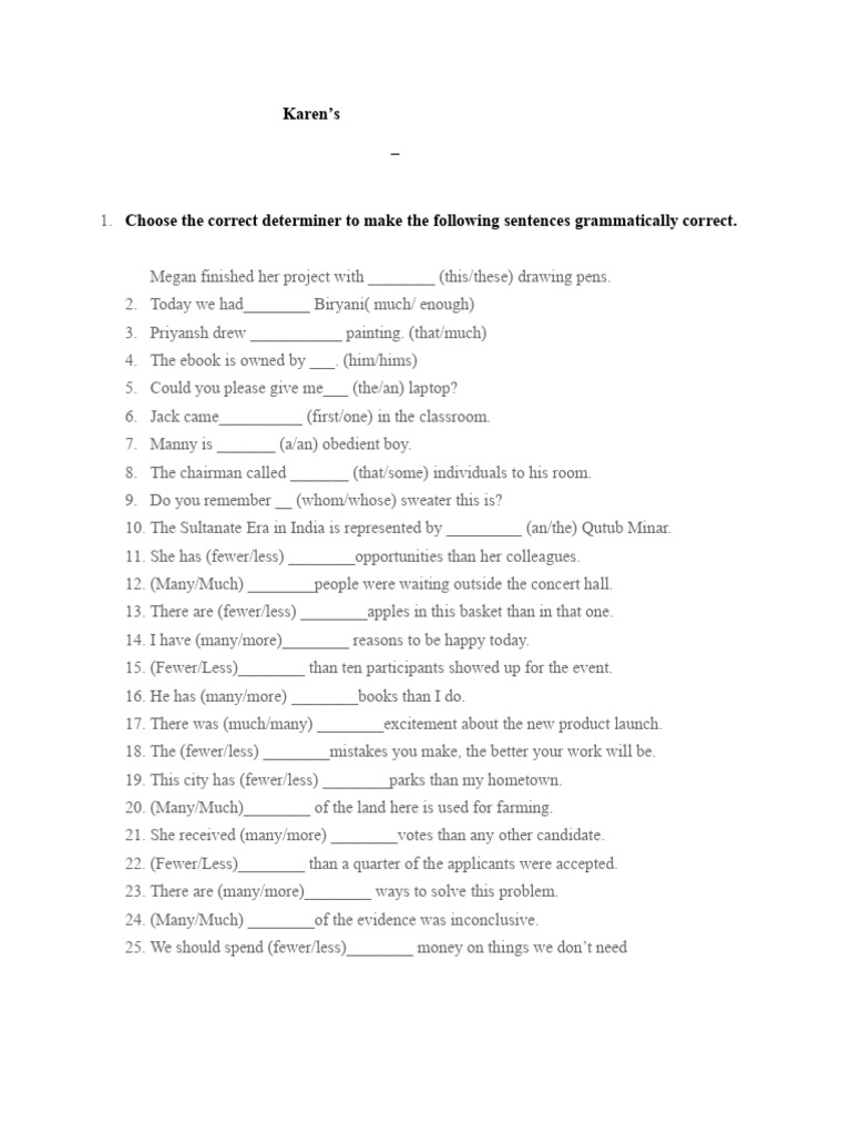 Determiners Revision Worksheet | PDF