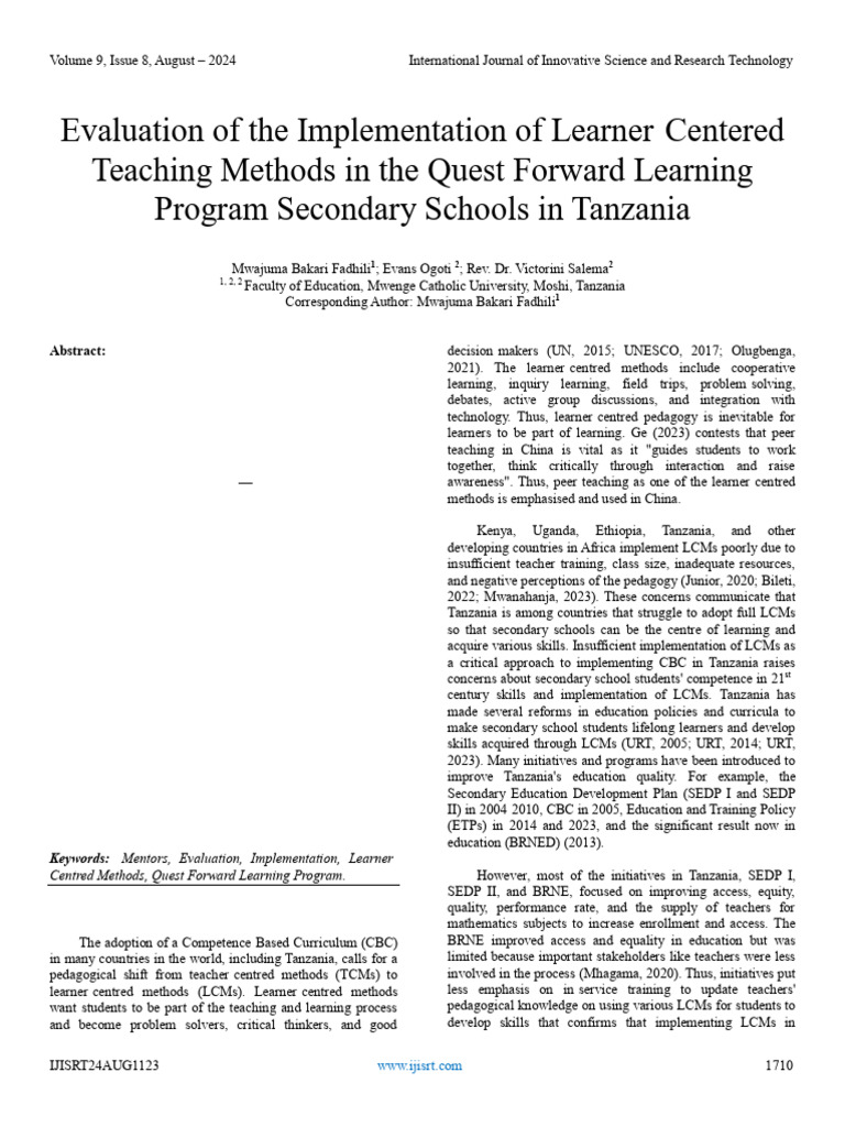 Evaluation of The Implementation of Learner-Centered Teaching Methods ...
