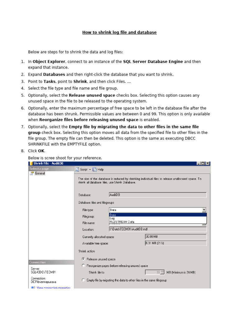 Shrink Log File and Database | PDF