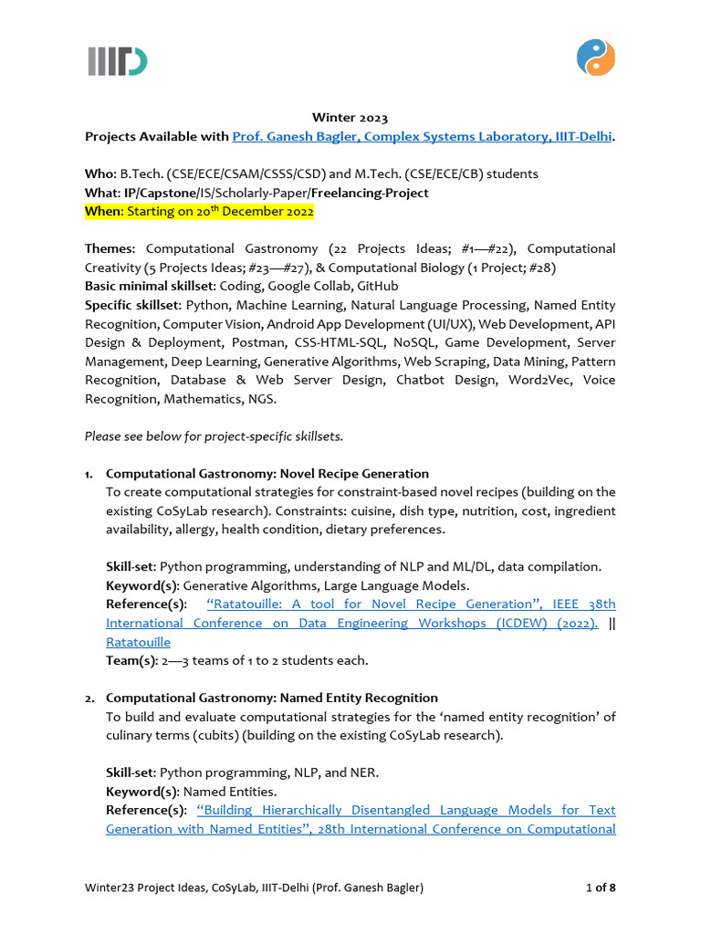 Winter23 CoSyLab IIITDelhi Ganesh Bagler Projects | PDF