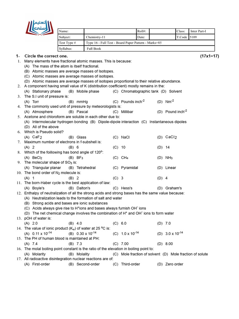 1st Year Full Book Tests | PDF | Chemical Bond | Ionic Bonding