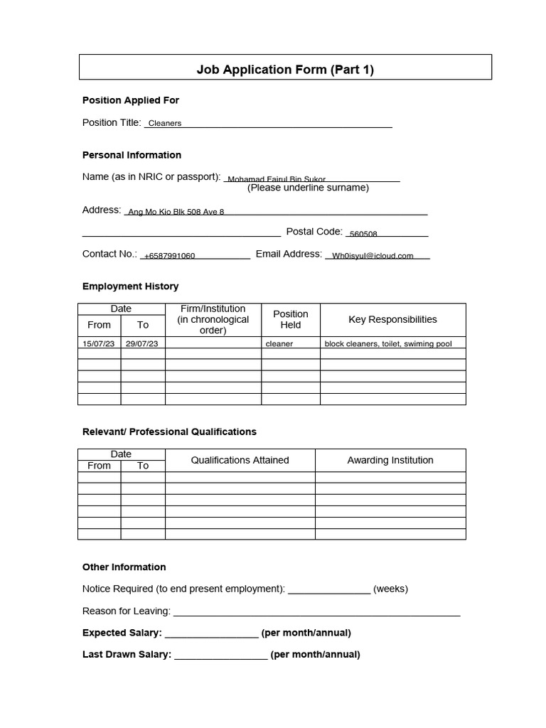 TSM0010 - Job Application Form - Part 1 | PDF