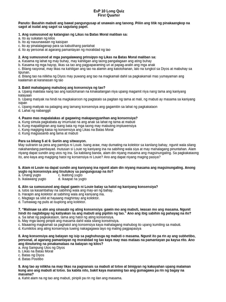EsP 10 Long Quiz | PDF