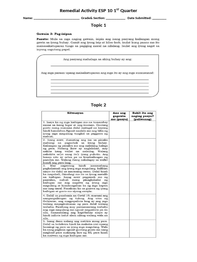 Esp 10 Remedial Activity 1st To 4th | PDF