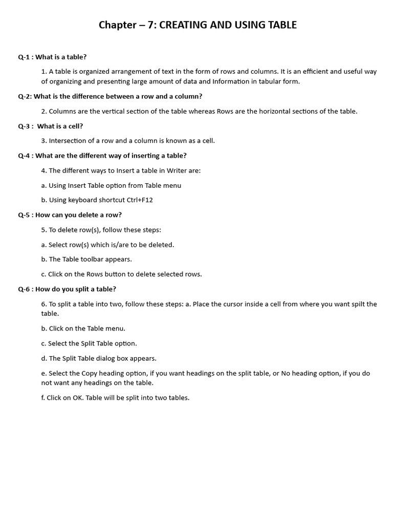 Class 9 Unit-3 - Ch-7 - Creating and Using Tables | PDF