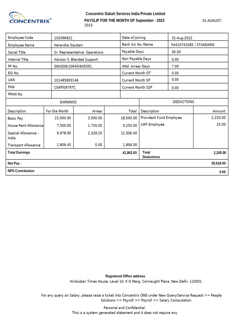 Concentrix Daksh Services India Private Limited Payslip For The Month ...