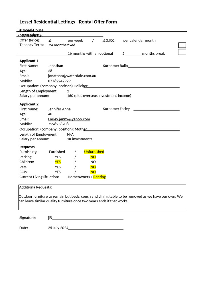 Rental Offer Form-0 | PDF