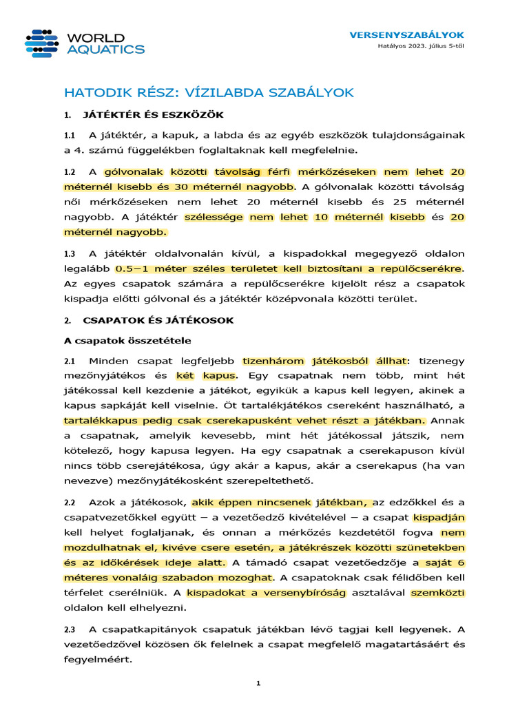 World Aquatics Vízilabda Szabályok 2023 | PDF