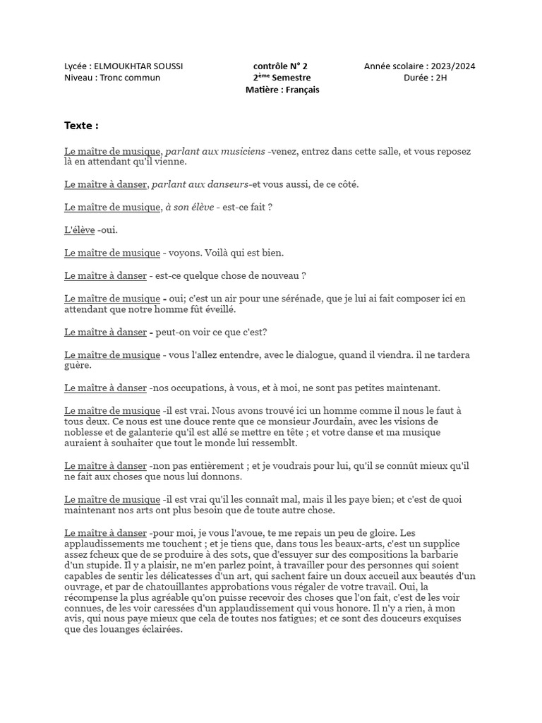 Contrôle Continu de Bourgeois Gentilhomme | PDF