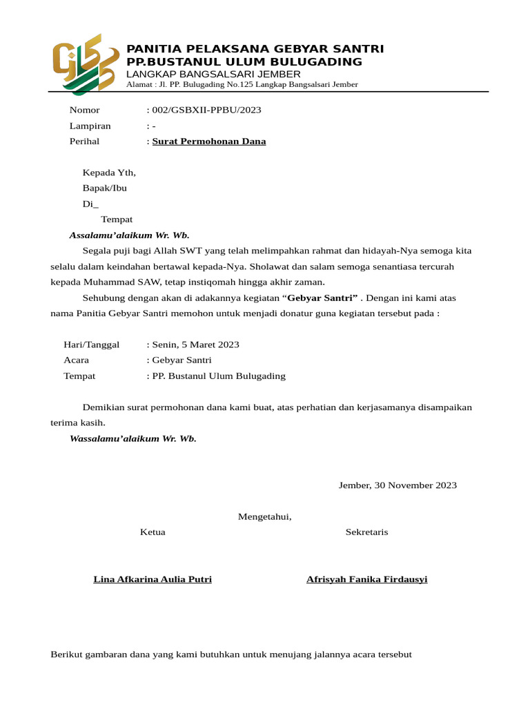 Ud Bapak Ibuk Wali Santri Bulugading Putri | PDF