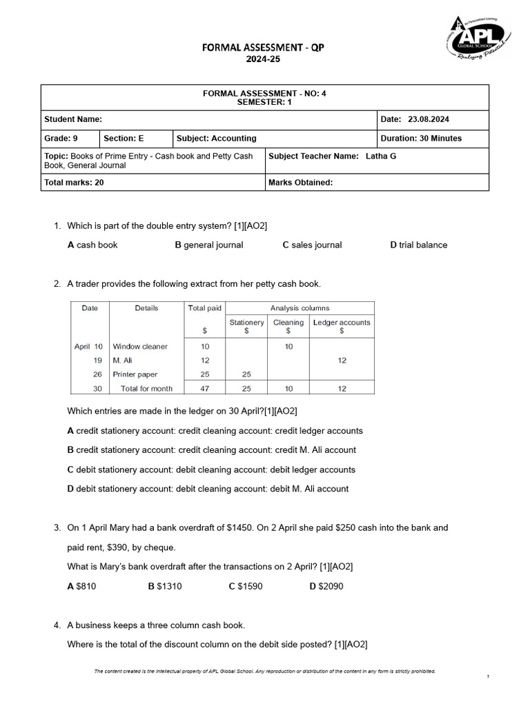 FA-4 - QP - Gr9 - Accounting - Latha G - 2024 - 25 | PDF | Debits And ...