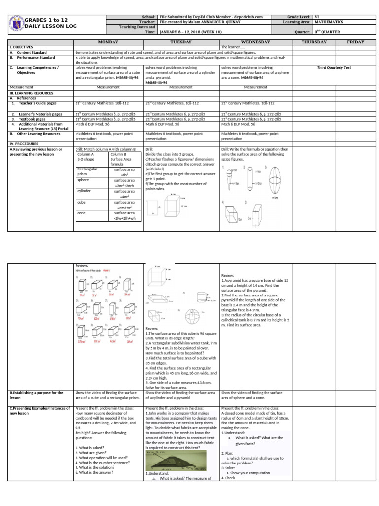 DLL - Mathematics 6 - Q3 - W10 | PDF | Area | Geometric Shapes