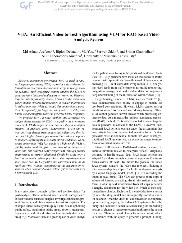 Arefeen ViTA An Efficient Video-to-Text Algorithm Using VLM For RAG-based CVPRW 2024 Paper | PDF