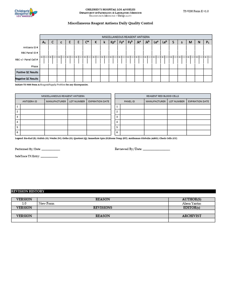 DRAFT TS 9200 Form E Miscellaneous Antisera Daily Quality Control v1.0 ...