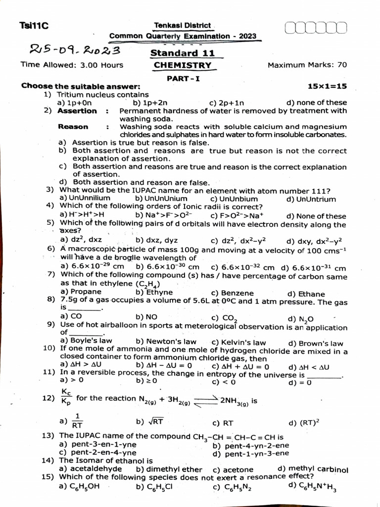 11th Chemistry EM Quarterly Exam 2023 Original Question Paper Thenkasi ...