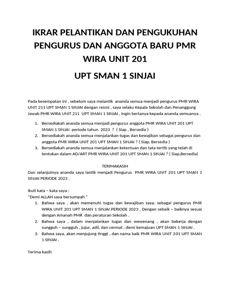 IKRAR PELANTIKAN PMR WIRA UNIT 211 Ok | PDF IKRAR PELANTIKAN PMR WIRA UNIT 211 Ok | PDF