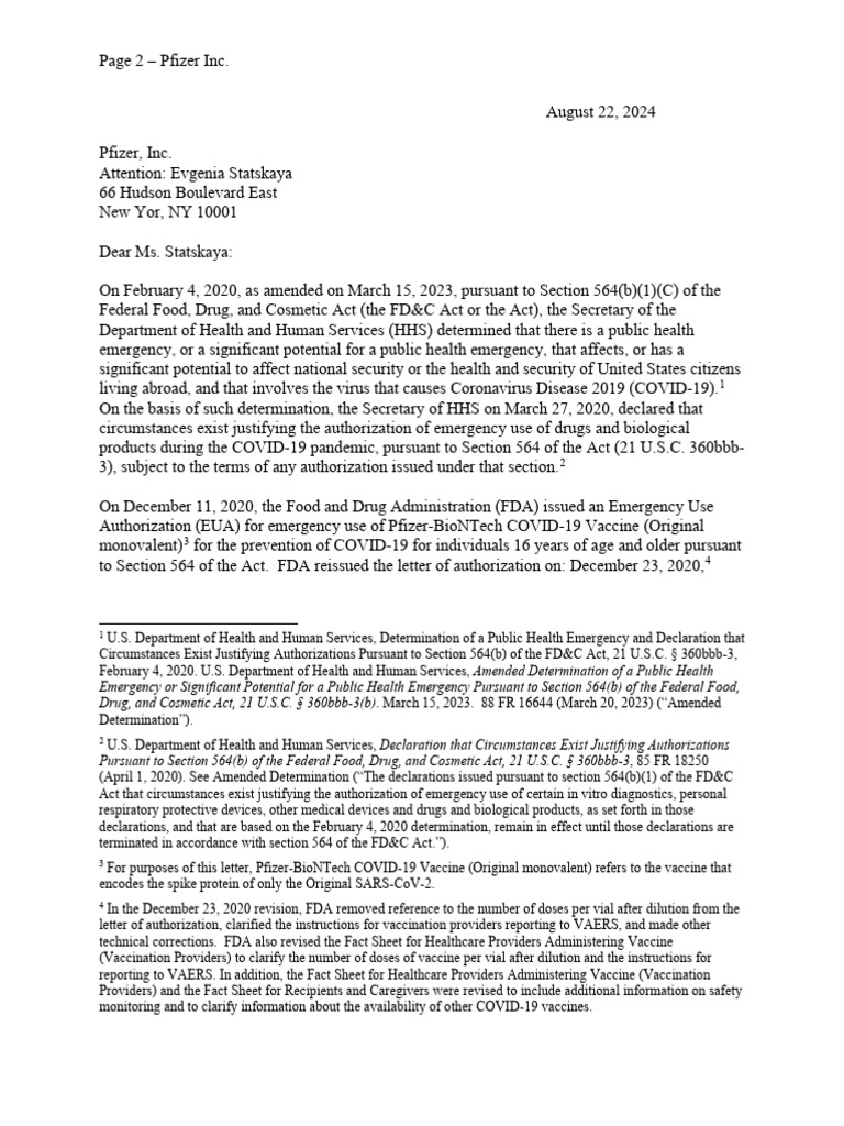 Pfizer COVID 19 Vaccine (2024 2025 Formula) Letter of Authorization | PDF