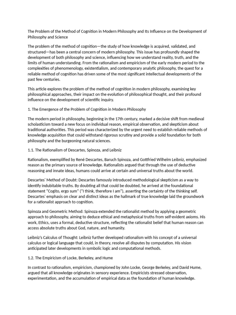 The Problem of The Method of Cognition in Modern Philosophy and Its ...