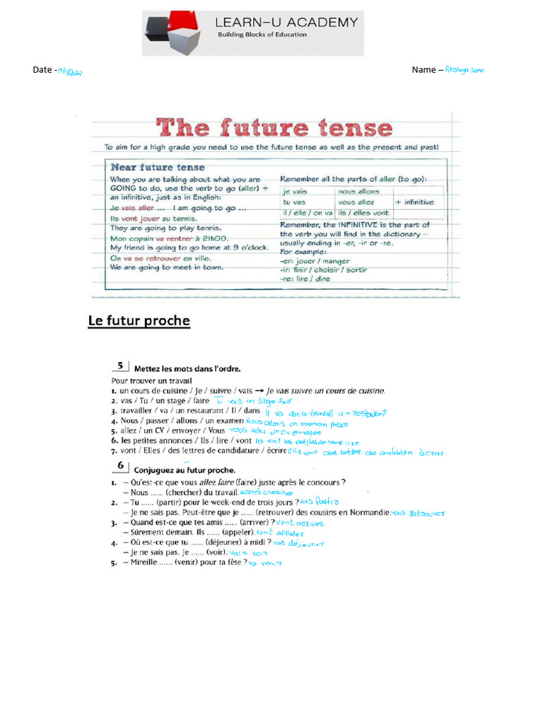 Worksheet - Le Futur Proche Et Le Futur Simple | PDF