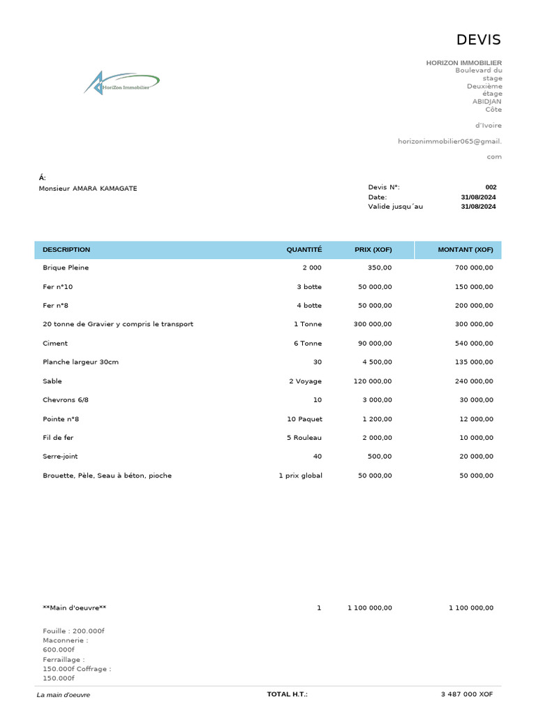 Devis: Boulevard Du Stage Deuxième Étage Abidjan Côte D'ivoire Horizonimmobilier065@gmail. Com | PDF