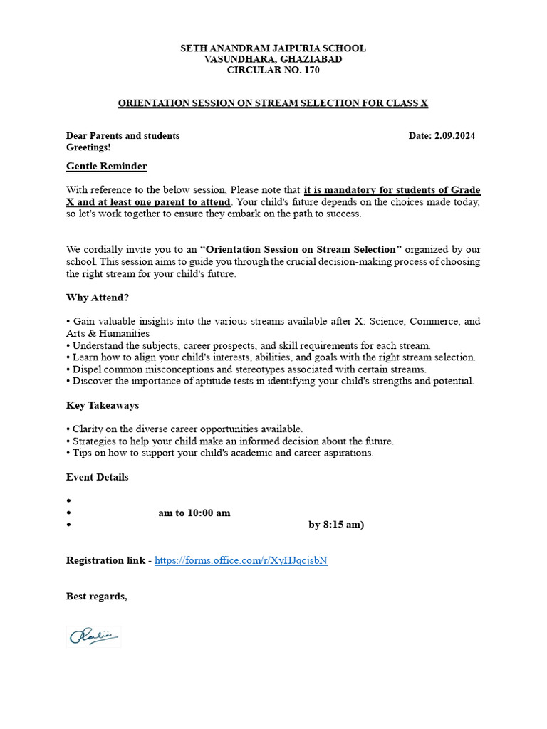 Circular 170, Reminder - Orientation Session On Stream Selection, Class X | PDF