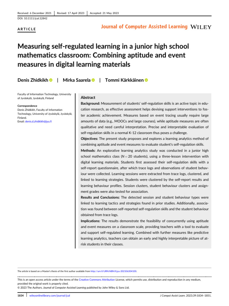 Measuring Self-Regulated Learning in A Junior High | PDF