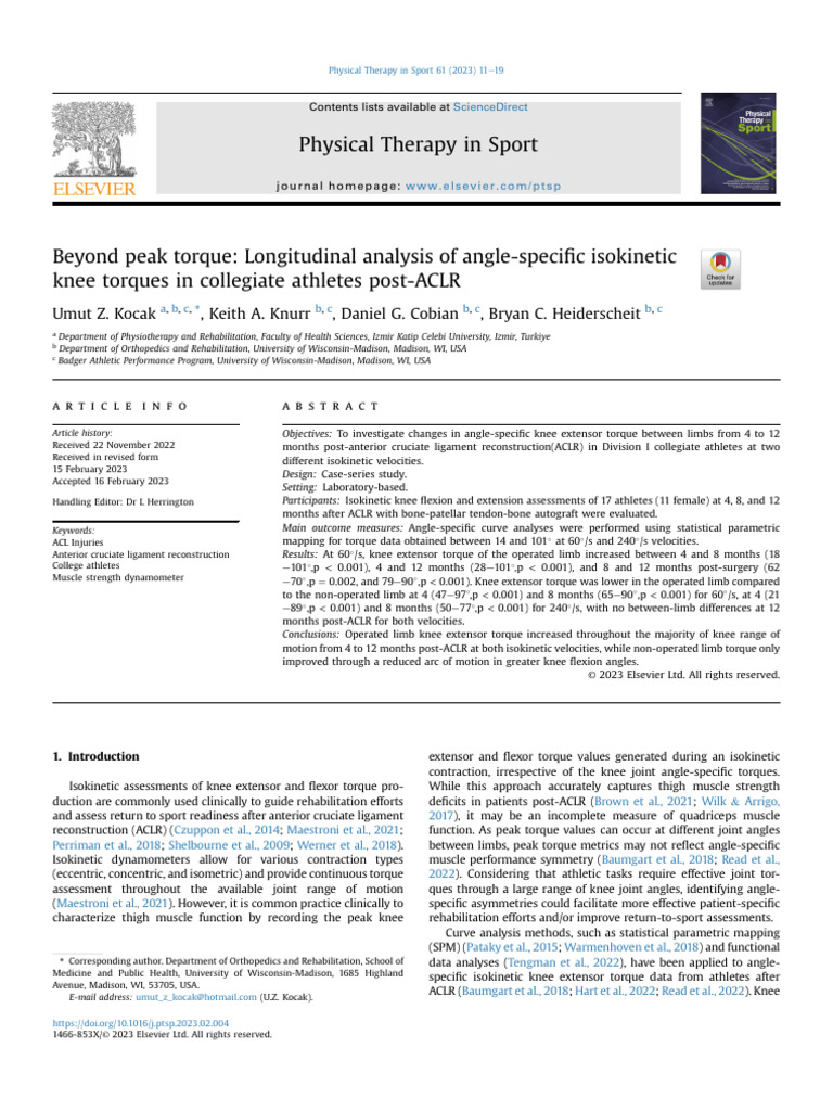 Beyond Peak Torque - Longitudinal Analysis of Angle-Specific Isokinetic Knee Torques post-ACLR | PDF