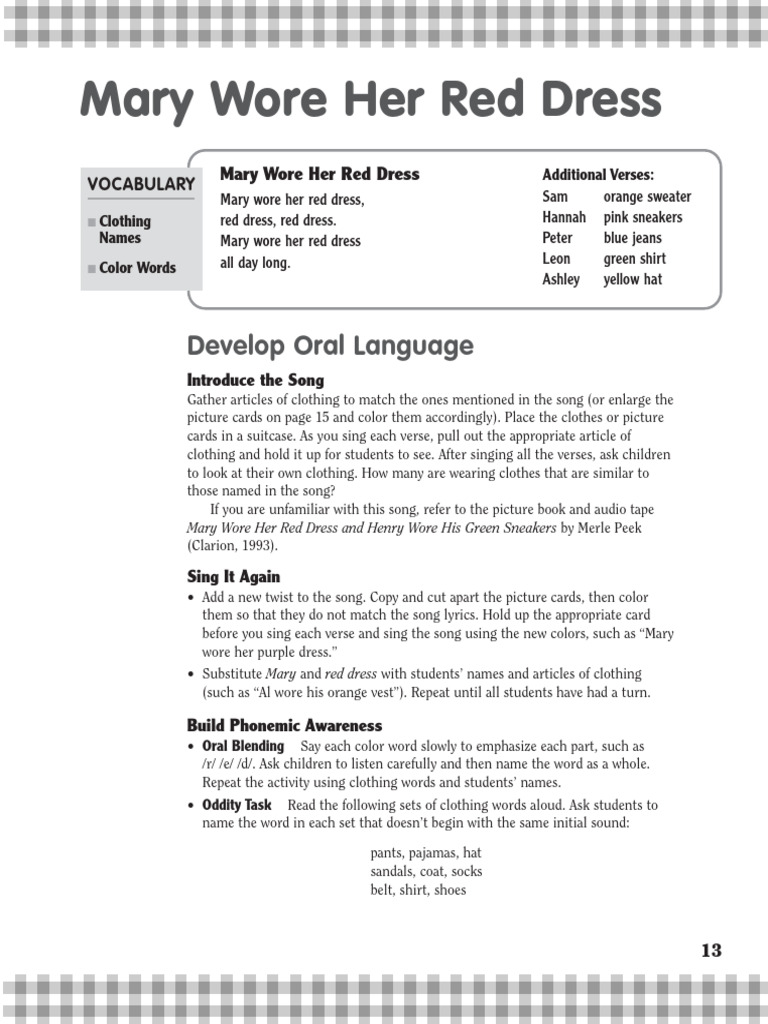 Mary Wore Her Red Dress Literacy | PDF