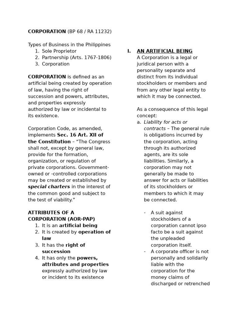 Corporation Law - Notes | PDF