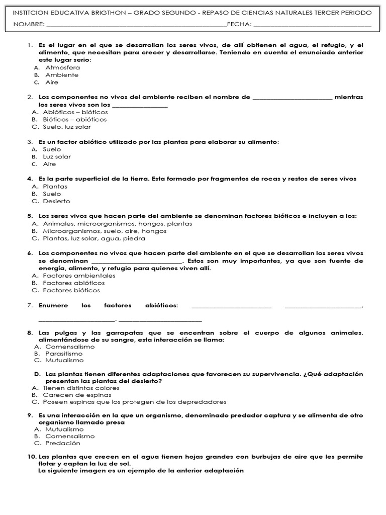 Repaso de Ciencias Naturales Grado Segundo Tercer Periodo | PDF