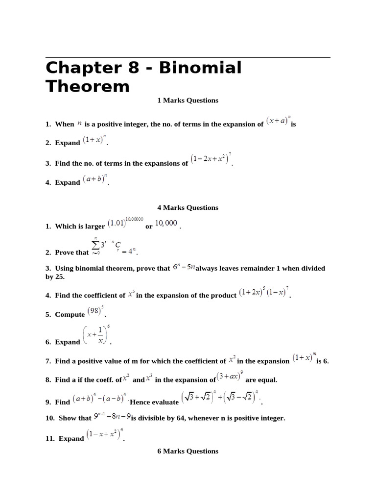 Extra Questions Binomial Theorem | PDF