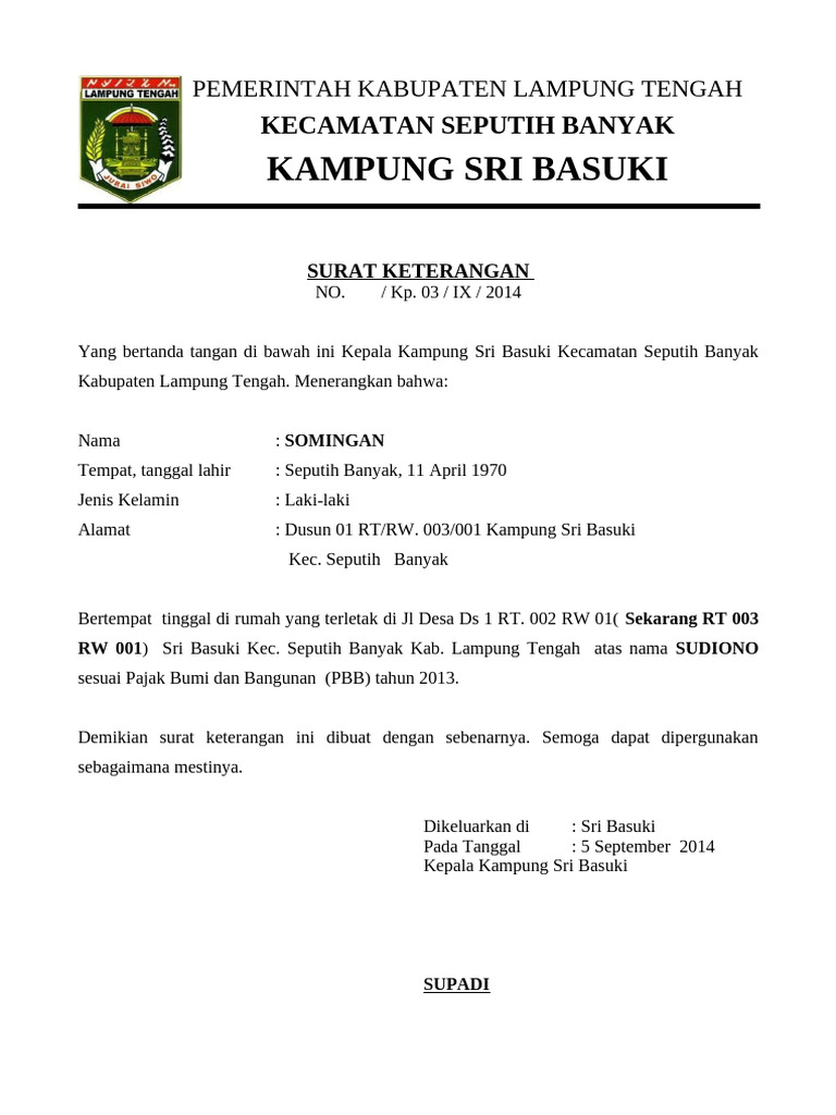 SURAT KETERANGAN Domisili Bimo | PDF