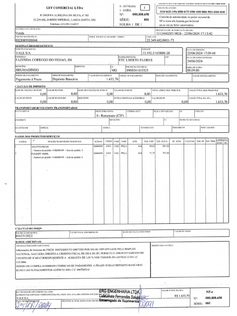 NF 000.000.698 GFF Comercial | PDF