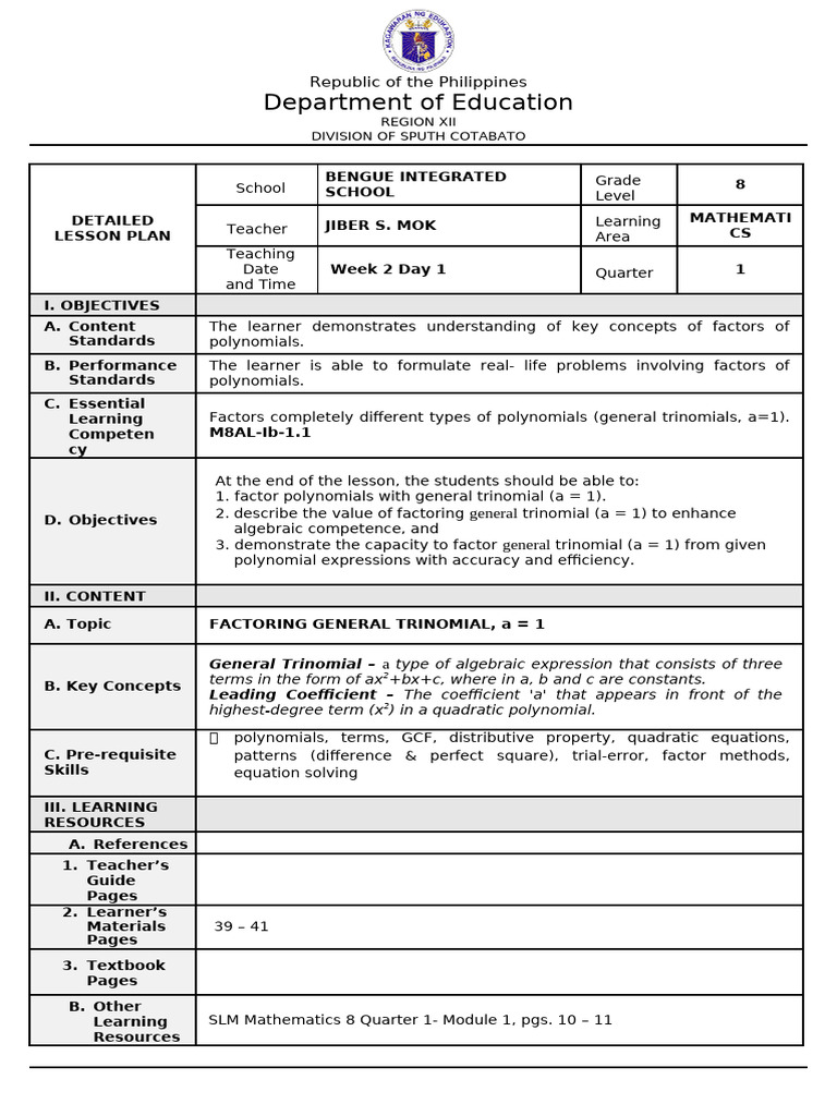 Caserial Muyco Mathematics Grade 8 M8al-Ib-1.1 | PDF