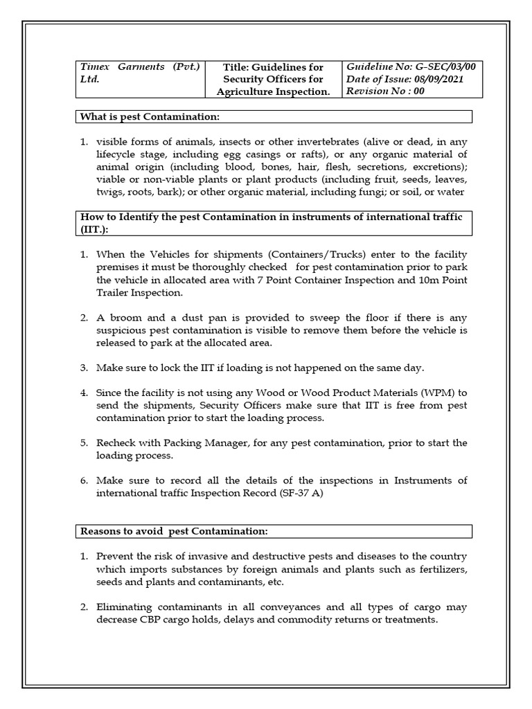 Guidelines for Agriculture Inspection. | PDF